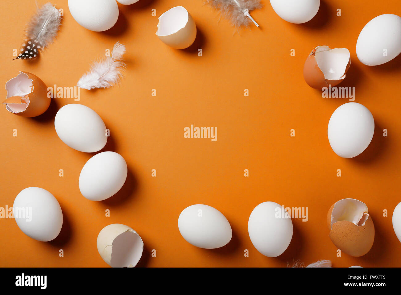 easter background with white eggs, shells top view Stock Photo - Alamy
