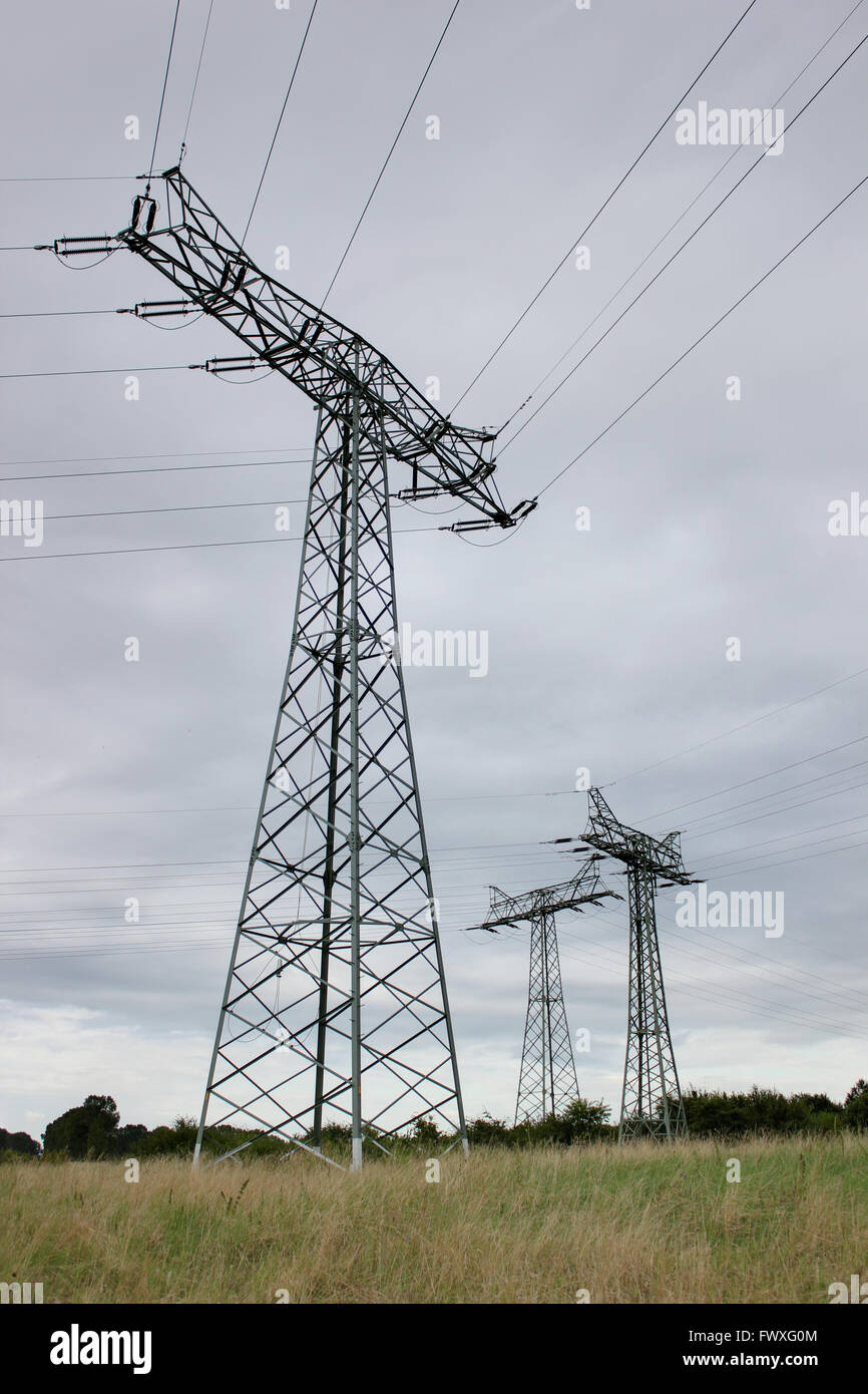 Three pillars of high voltage power lines in Mecklenburg-Vorpommern ...