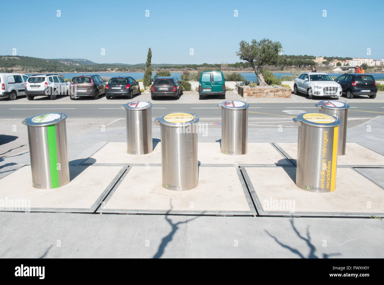 Colour coded separation of rubbish.Rubbish bins Gruissan,Narbonne,Aude ...