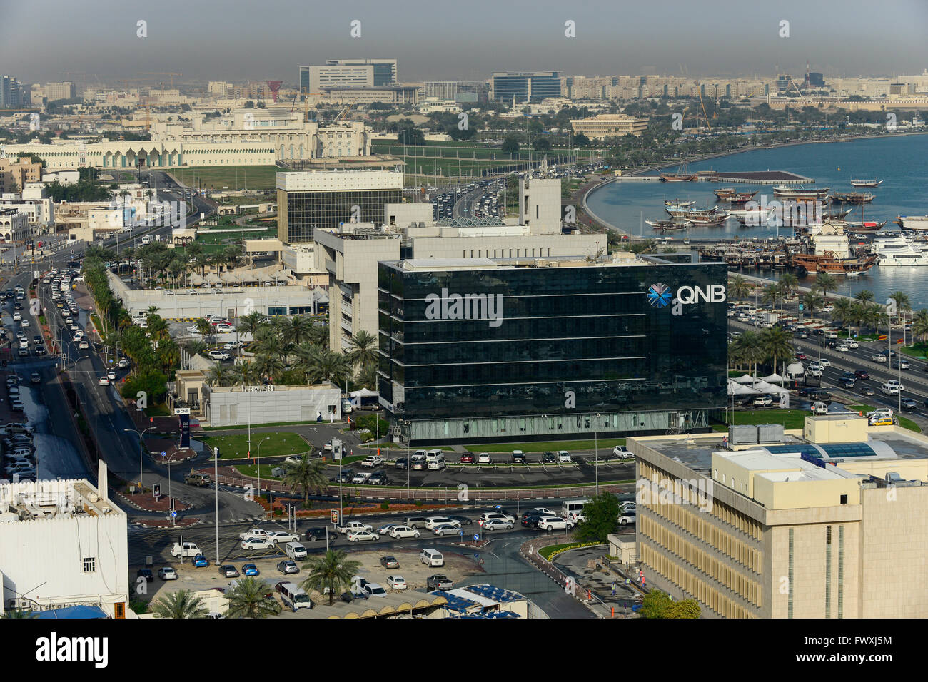 QATAR, Doha, downtown, view to QNB QATAR National Bank, parliament and ...
