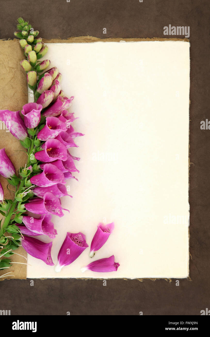 Foxglove flower border on a natural hemp notebook and brown paper ...