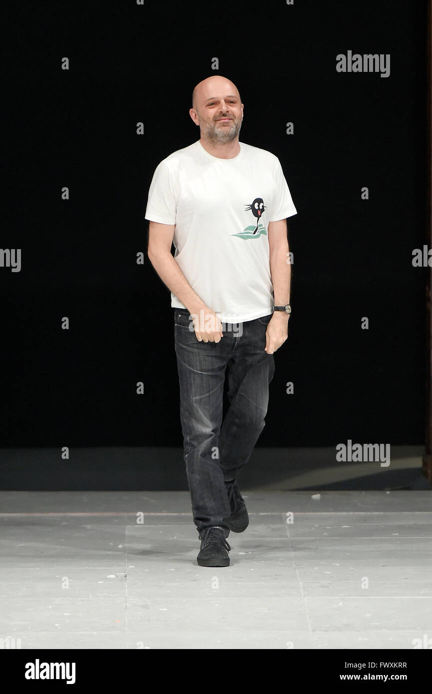 Designer Hussein Chalayan walks the runway during the Chalayan show as ...