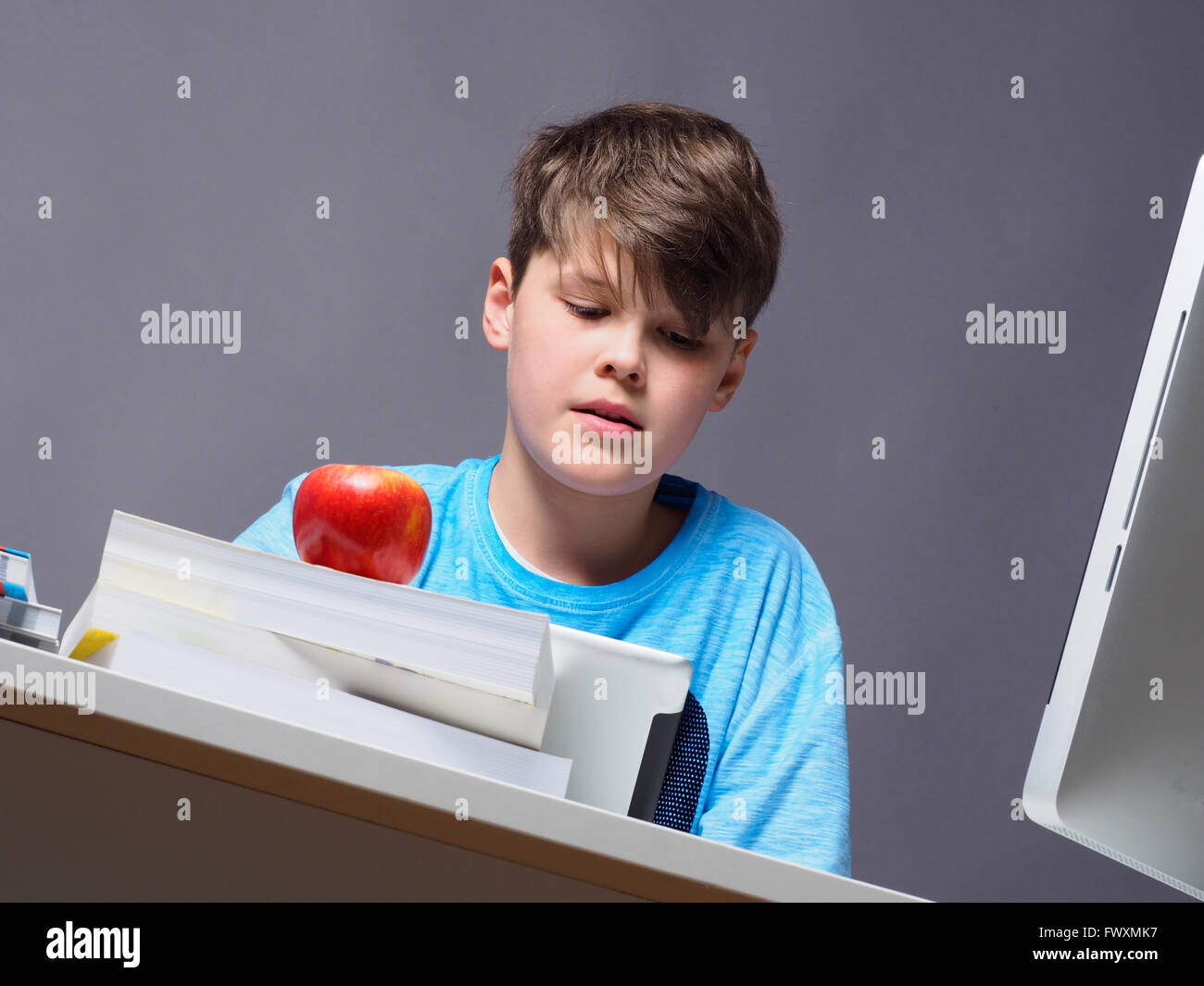 Young boy doing his homework with a computer Stock Photo - Alamy