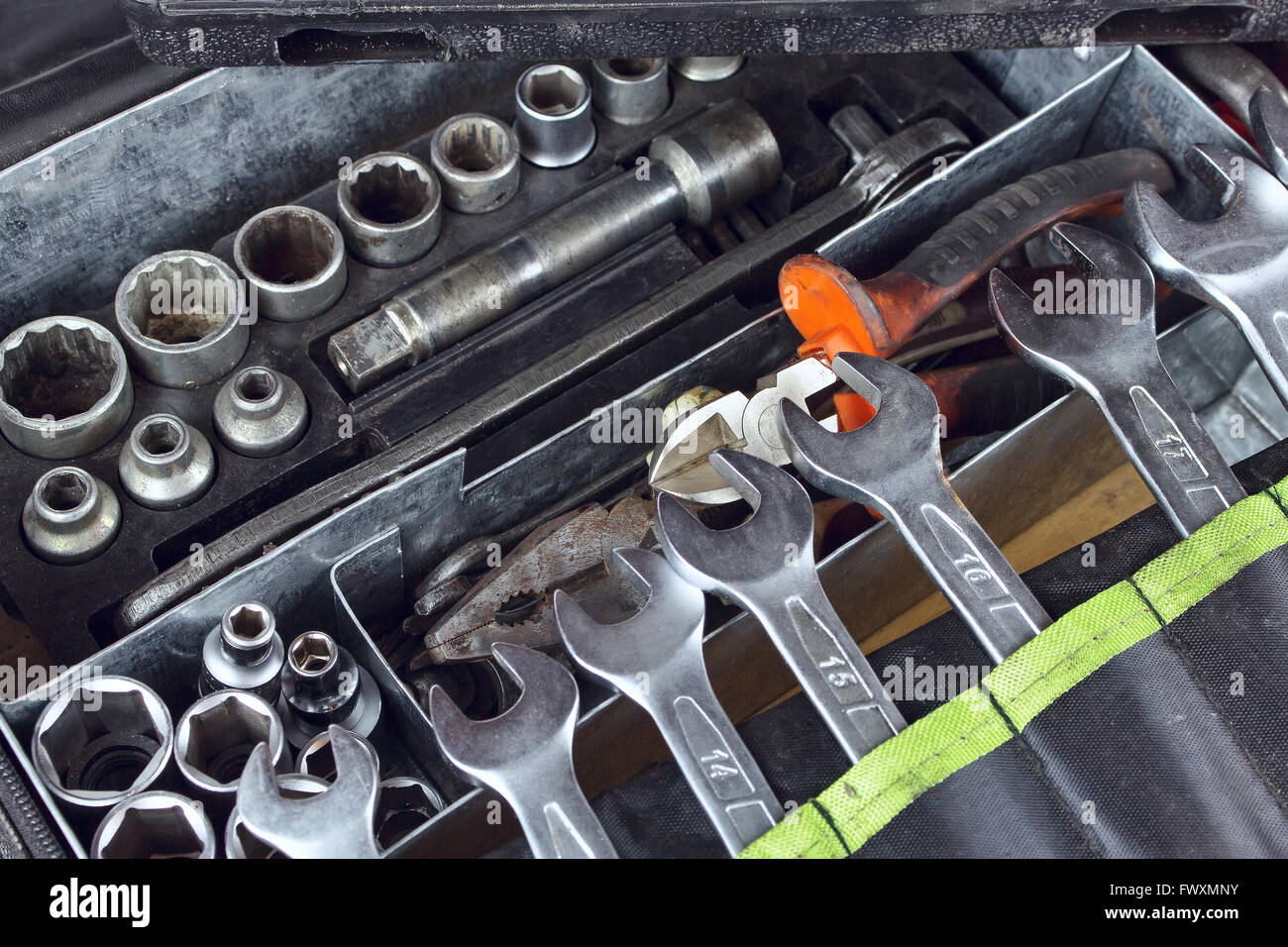 Dirty set of hand tools on a vintage background Stock Photo - Alamy