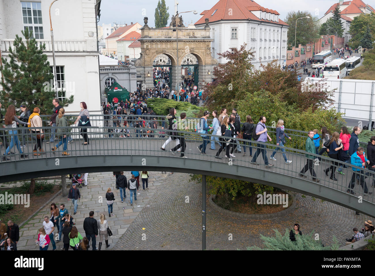 View on entrance gate to Pilsner Urquell Brewery during Pilsner Fest in ...