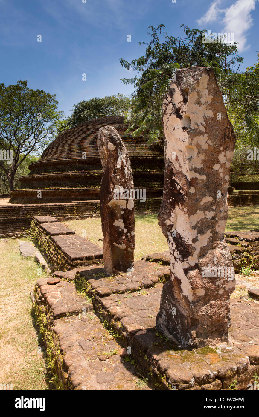 Sri Lanka, Polonnaruwa, small burial chamber stupa and stone pillars ...