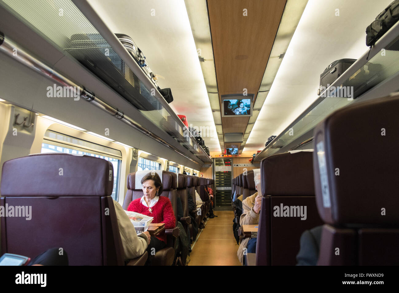 First class carriage of Spanish Railways RENFRE train heading from ...