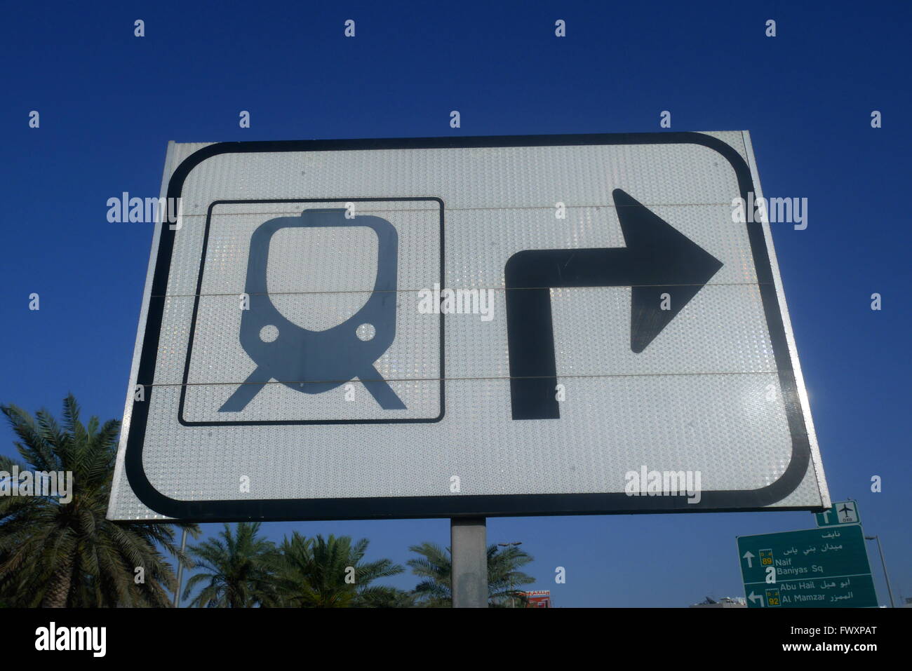 Information sign showing that trams turn right, Deira, Dubai, United ...