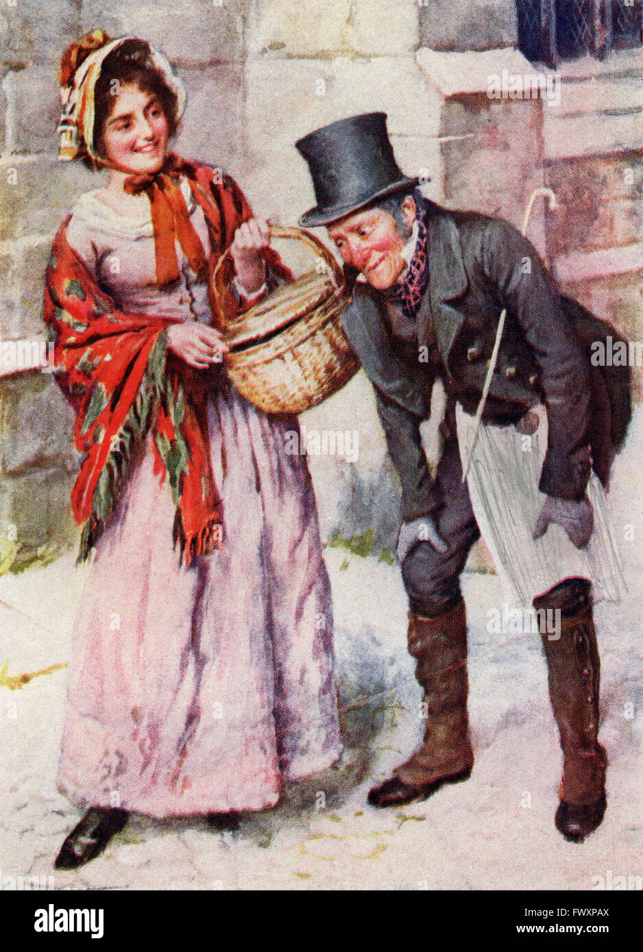 Trotty Veck and his daughter Meg. Illustration by Harold Copping Stock ...