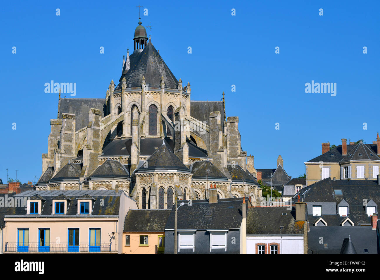 Notre-Dame basilica at Mayenne on the blue sky background, commune in ...