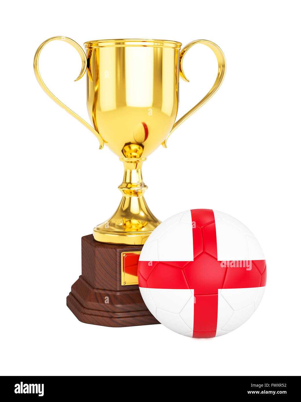 Gold trophy cup and soccer football ball with England flag Stock Photo ...