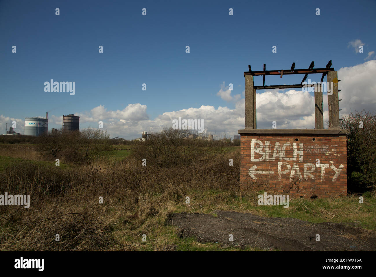 Tata Steel works, Port Talbot, South Wales, UK.Beach Party graffiti ...