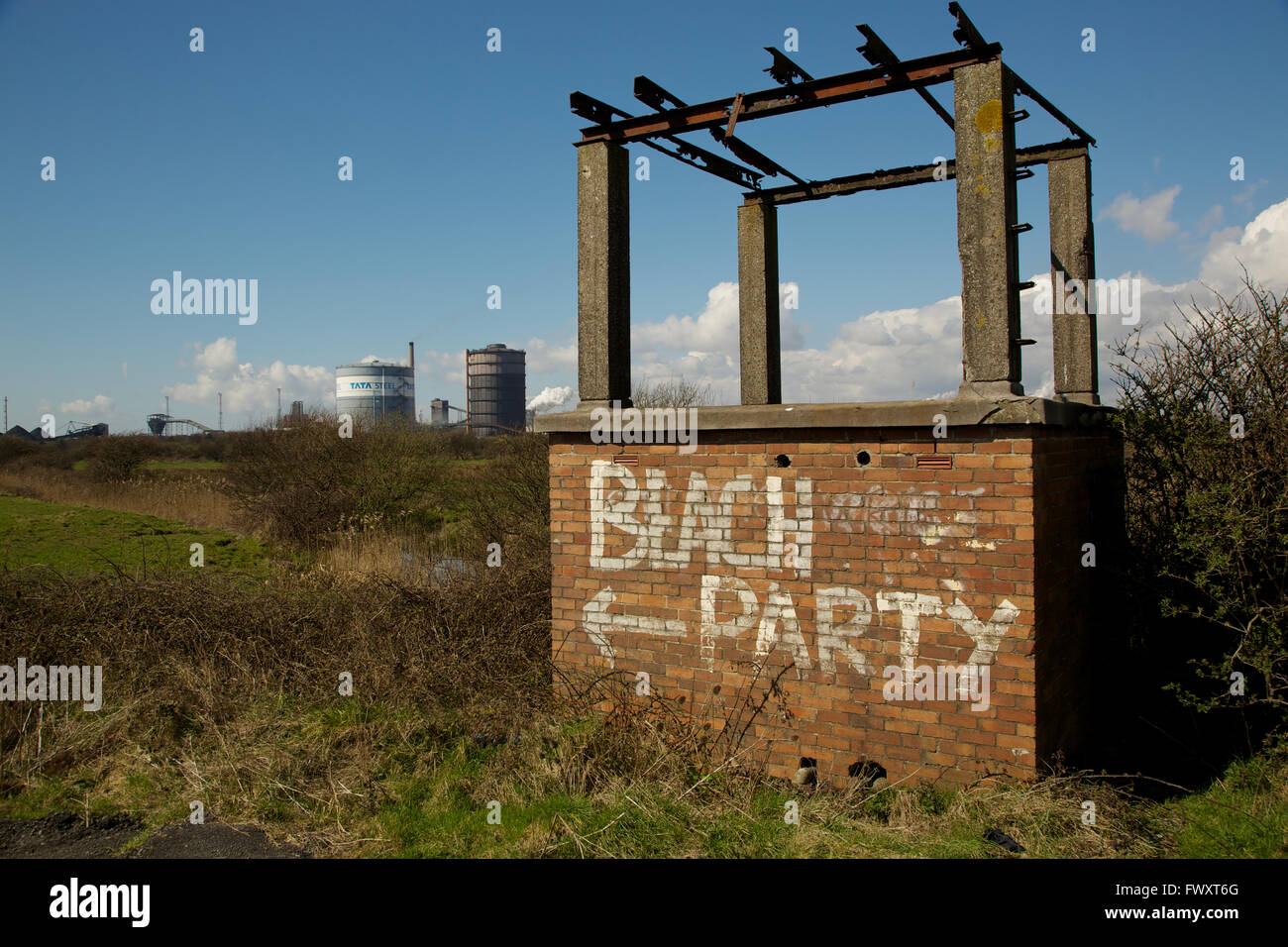 Tata Steel works, Port Talbot, South Wales, UK.Beach Party graffiti ...