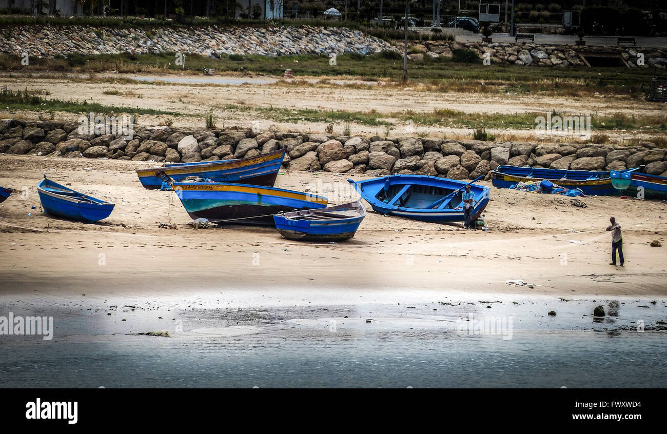 Blue beached fishing boats. Morocco Stock Photo - Alamy