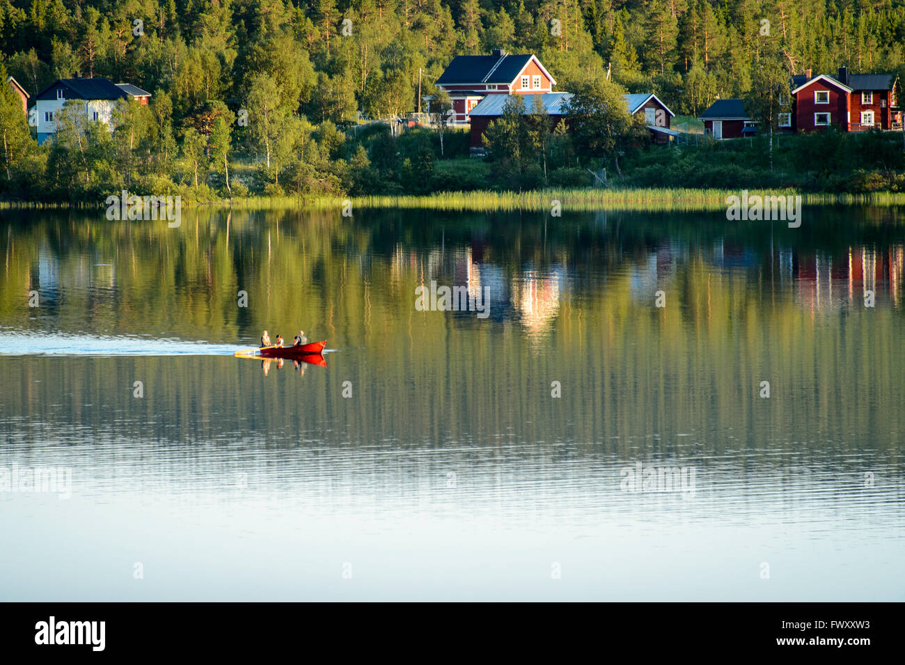 Sweden, Jamtland, Funasdalen, Boat on lake Stock Photo - Alamy