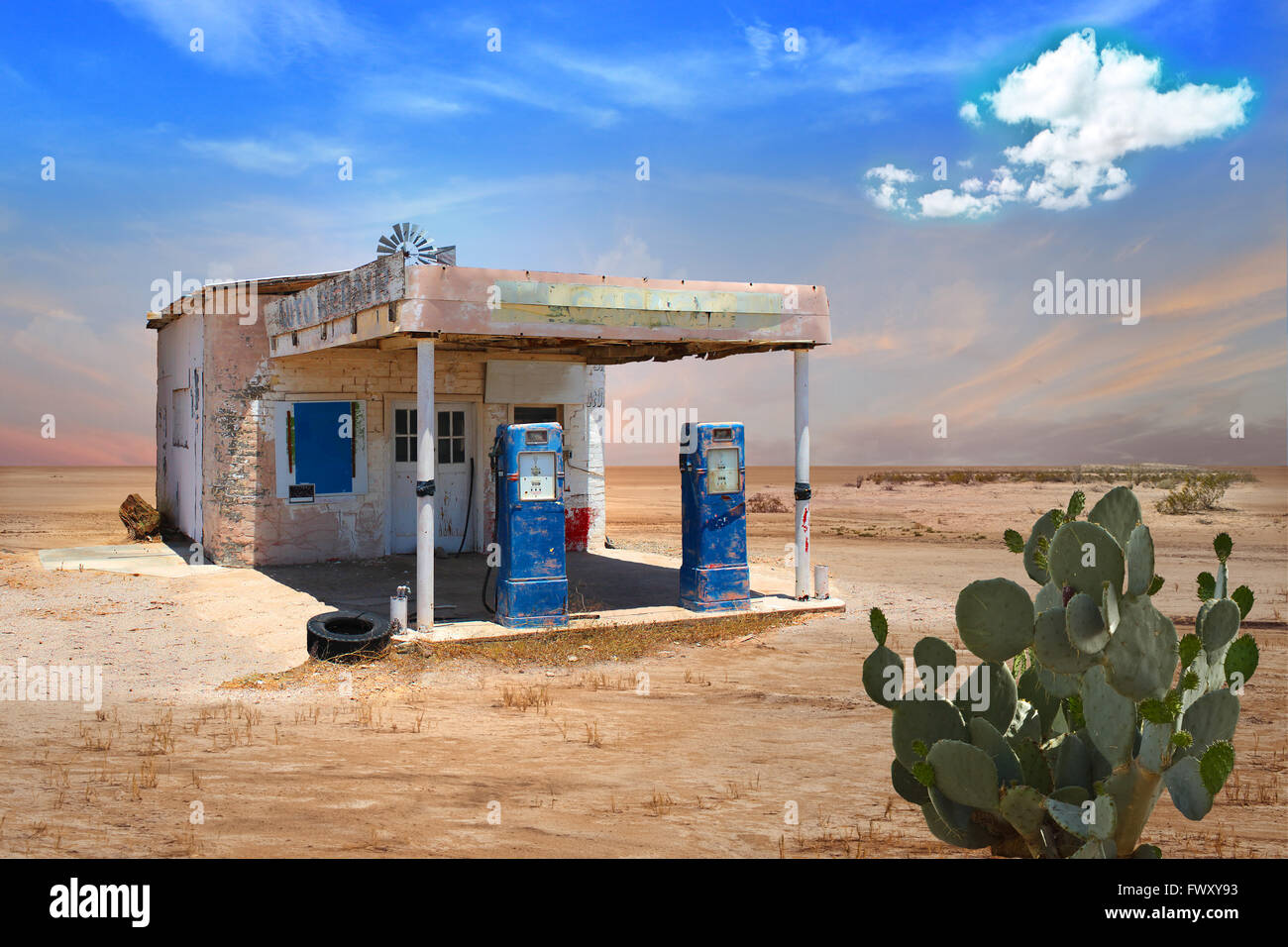 Abandoned depression era Gas Station in Arizona Desert with prickly ...