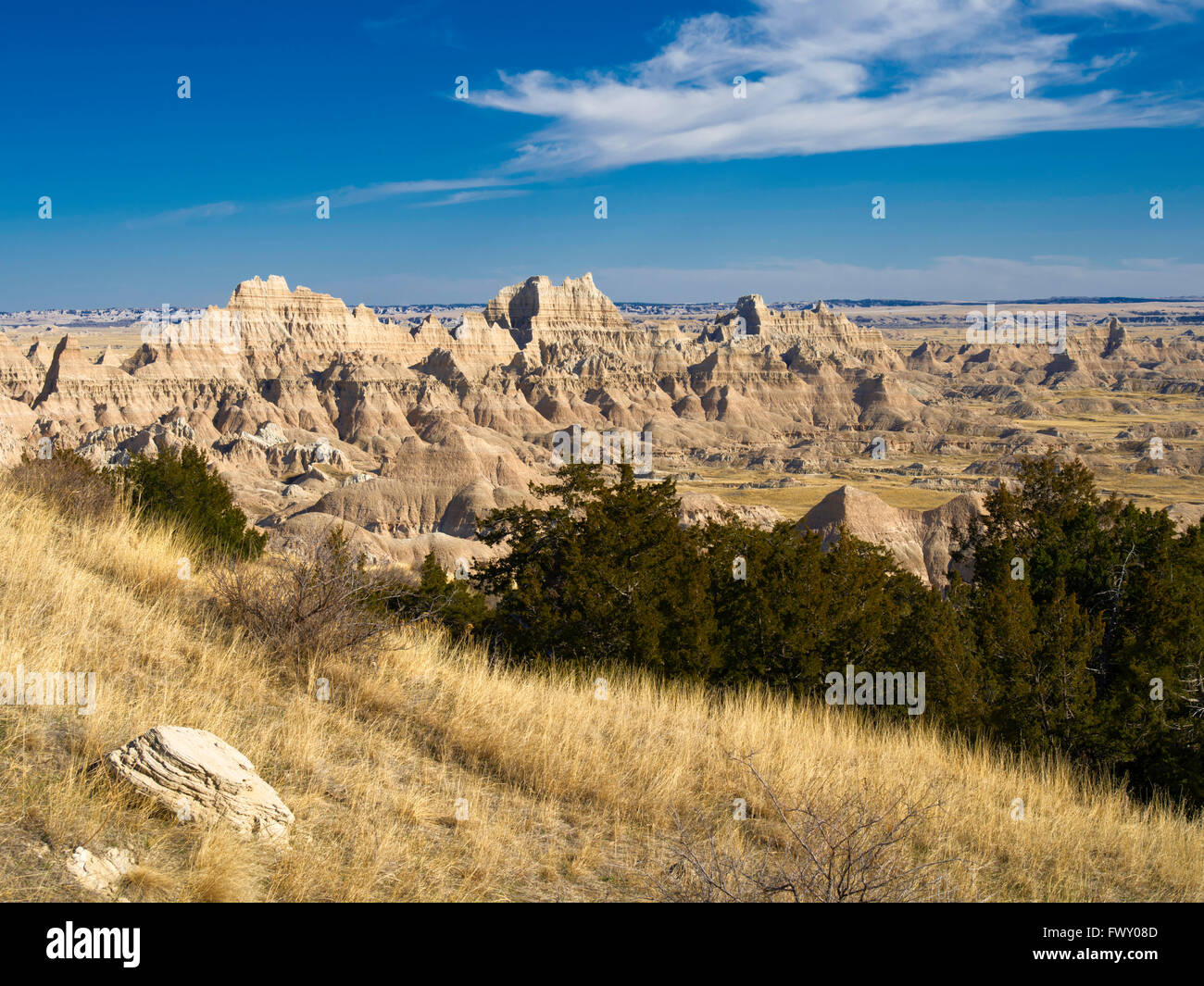 View of Badlands National Park on an early spring day; South Dakota ...