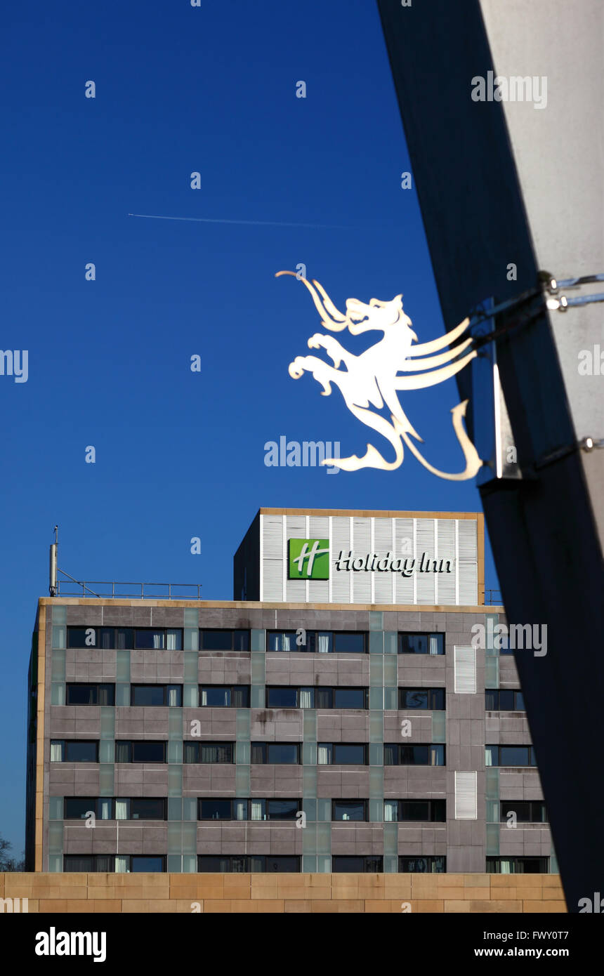 Welsh dragon symbol, Holiday Inn hotel building in background, Cardiff ...