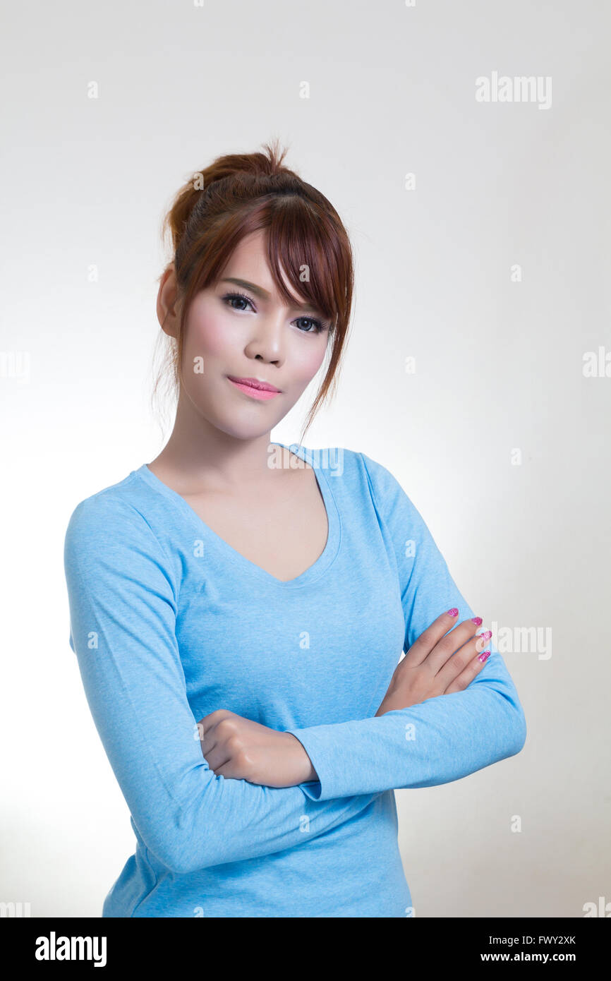 Asian woman crossed arms standing with smiling, Confident pose Stock ...