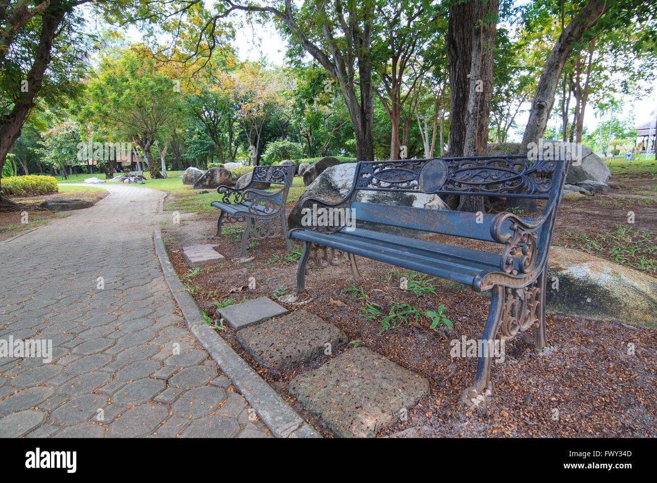 Park bench under tree hi-res stock photography and images - Alamy