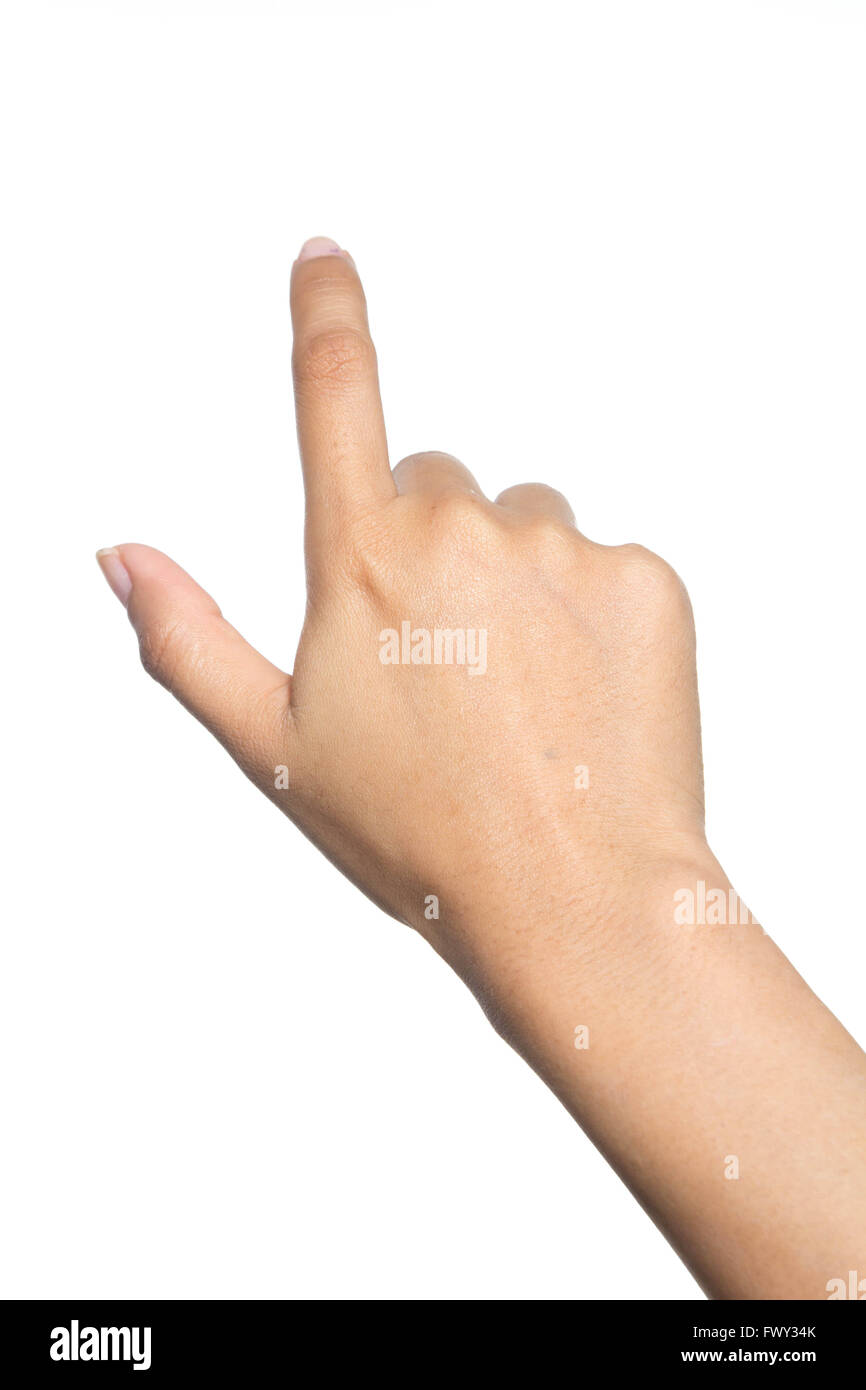 female hand touching or pointing to something on the isolated ...
