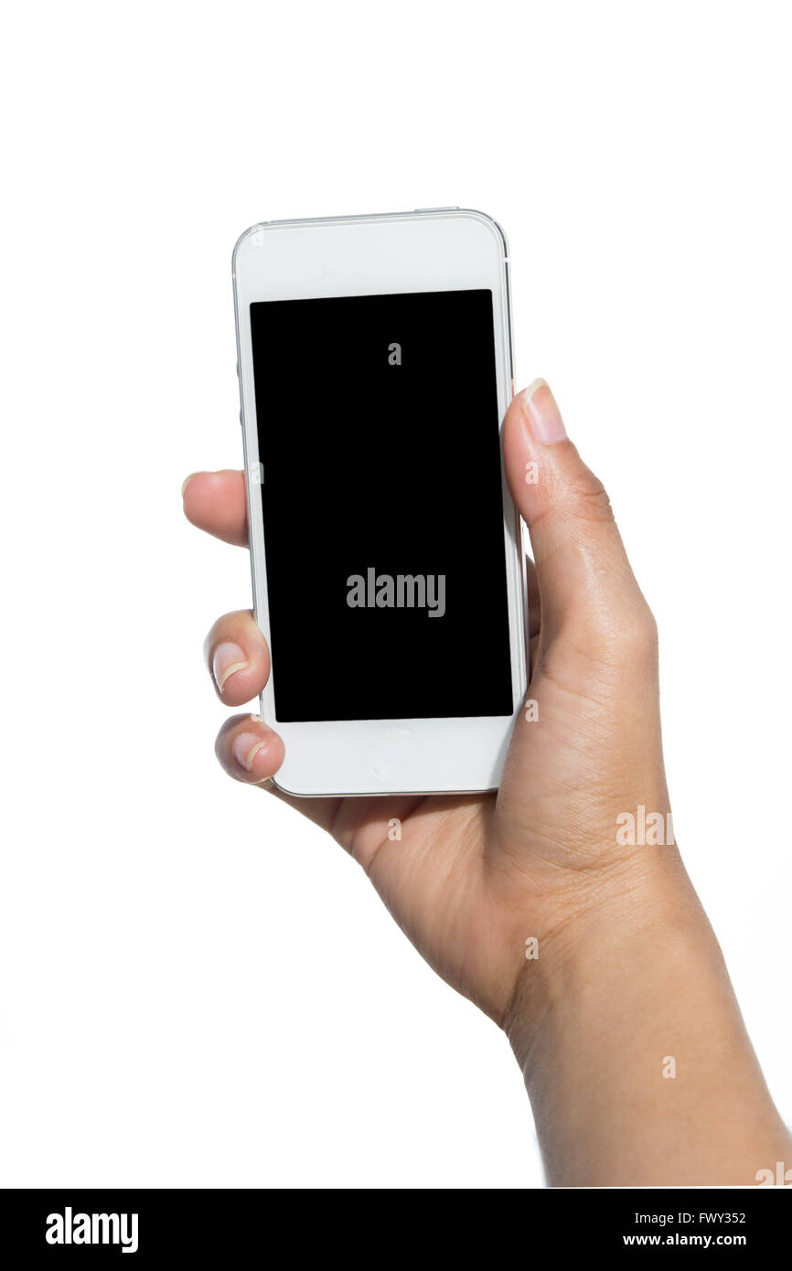Hand holding touch screen mobile phone. Isolated on white Stock Photo ...