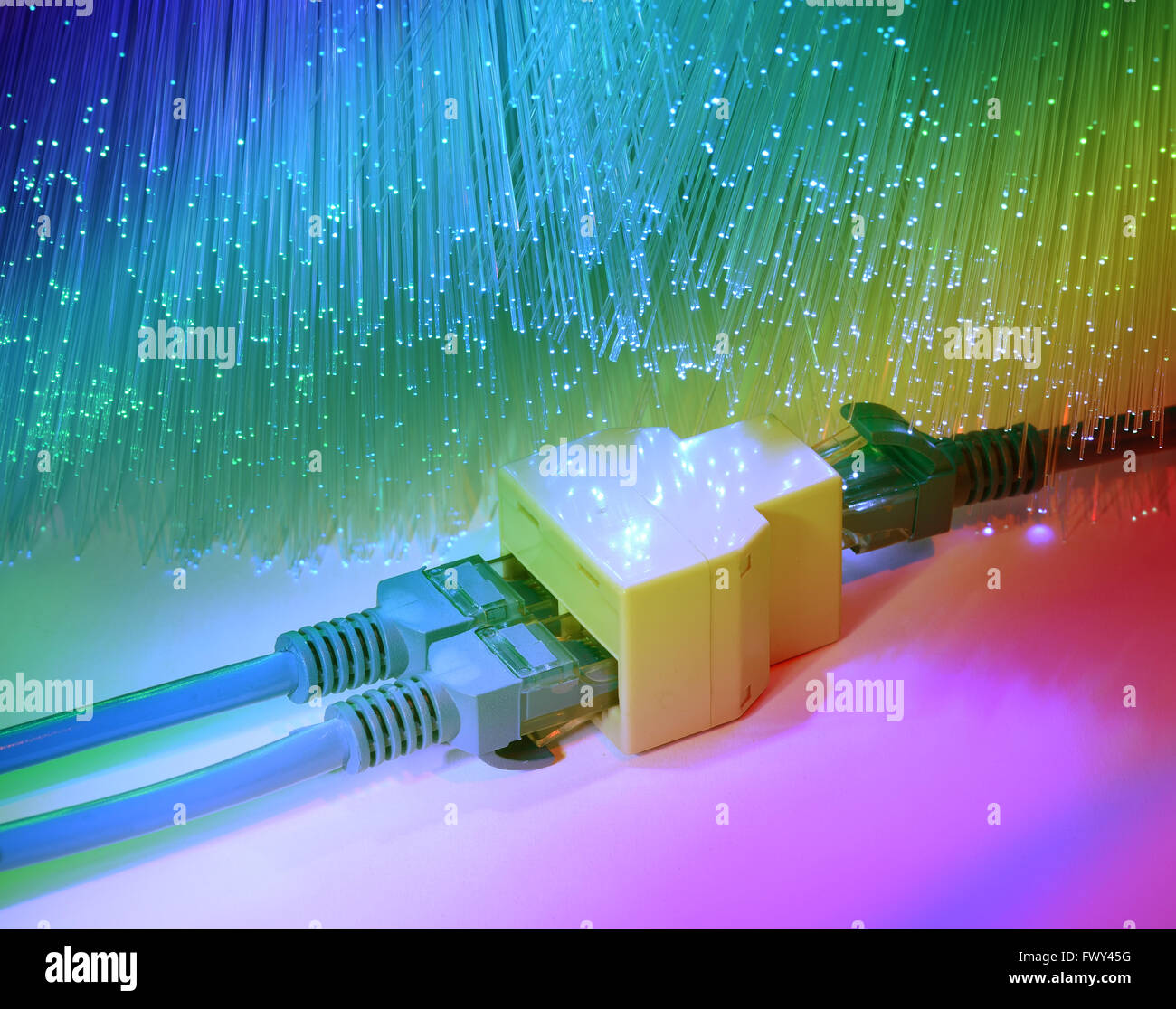 network cables and hub closeup with fiber optical background Stock ...