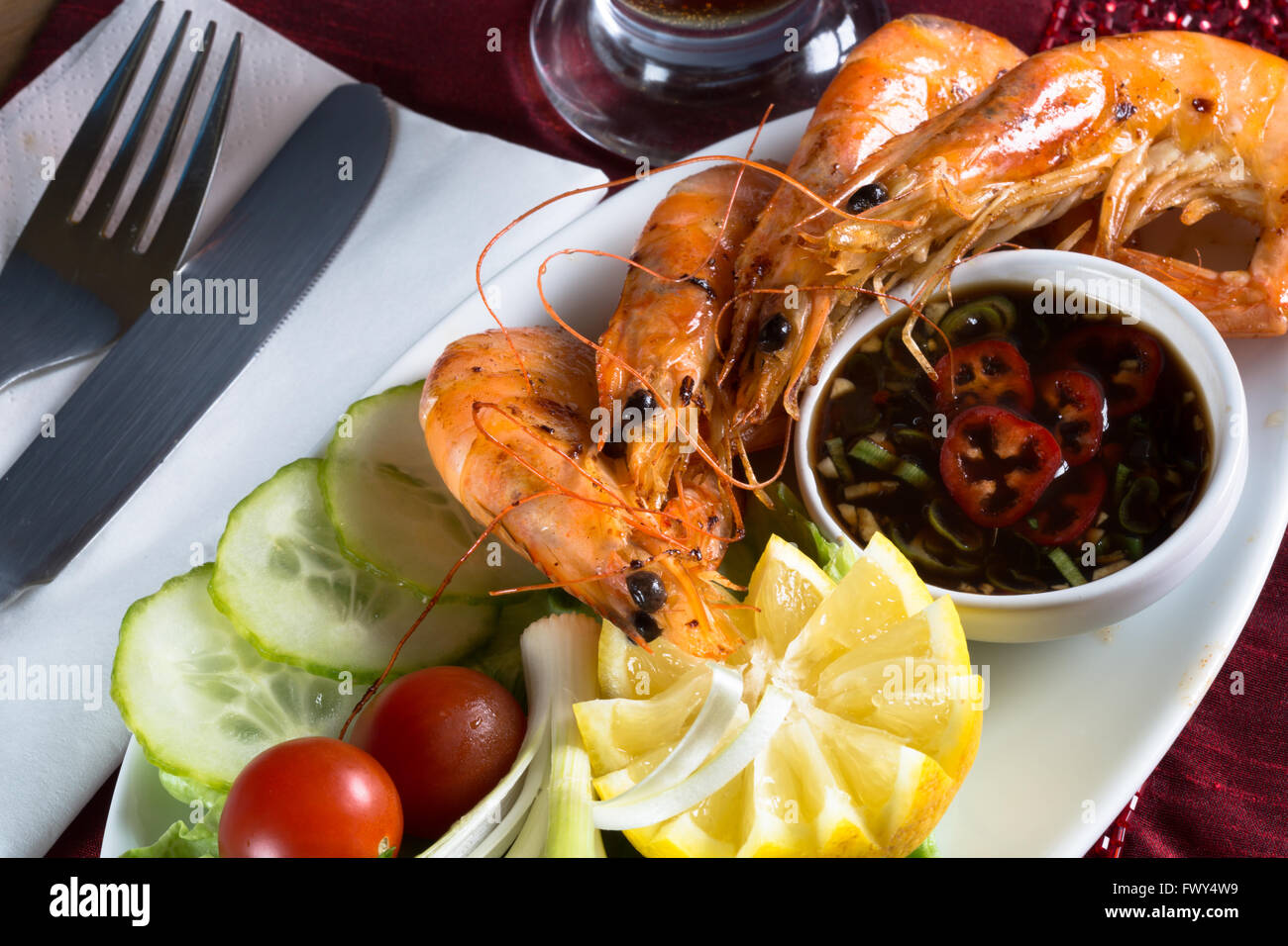 An English pub/bar dish of Sautéed King Prawns with Sweet Chili and ...