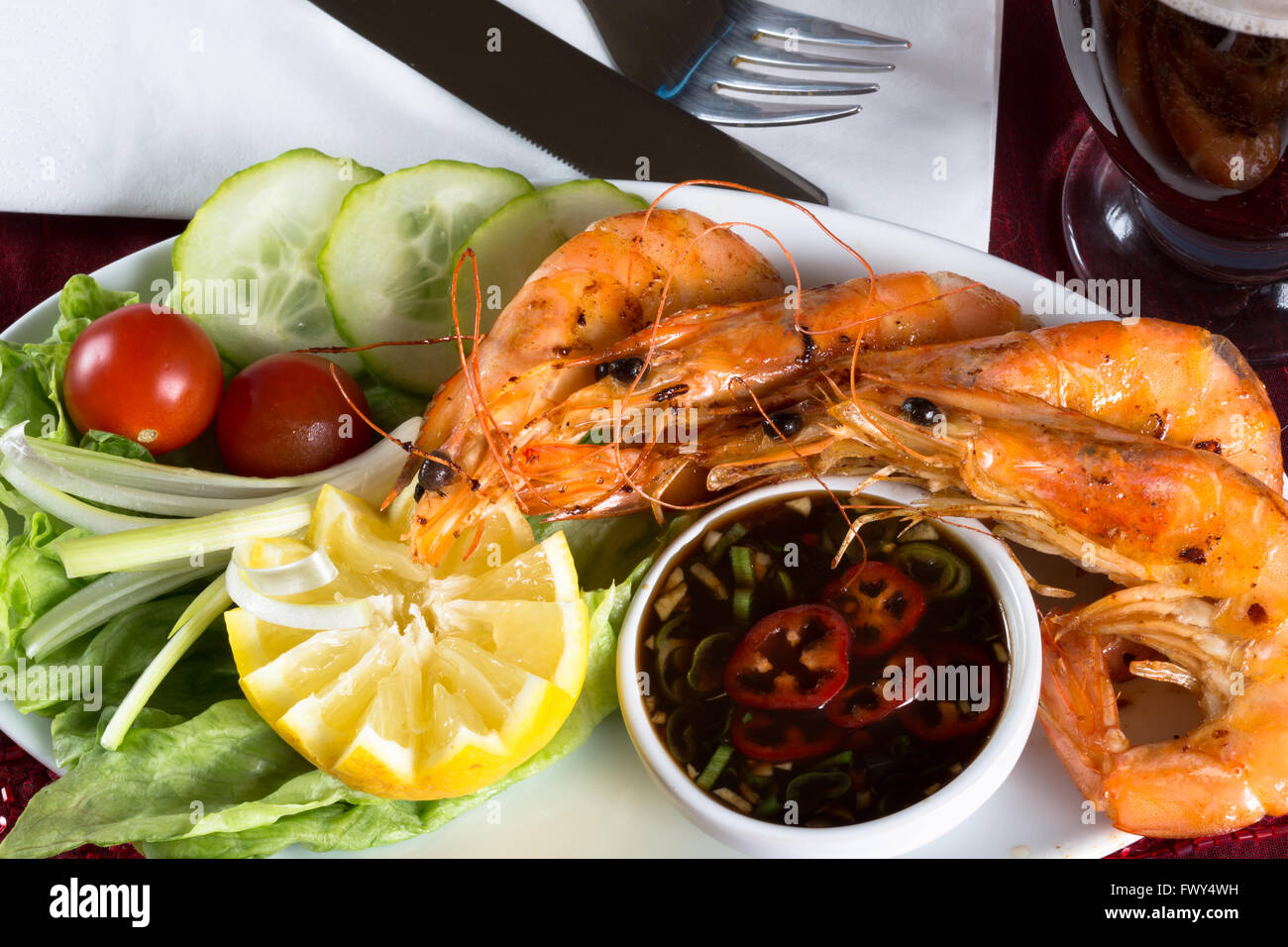 An English pub/bar dish of Sautéed King Prawns with Sweet Chili and ...
