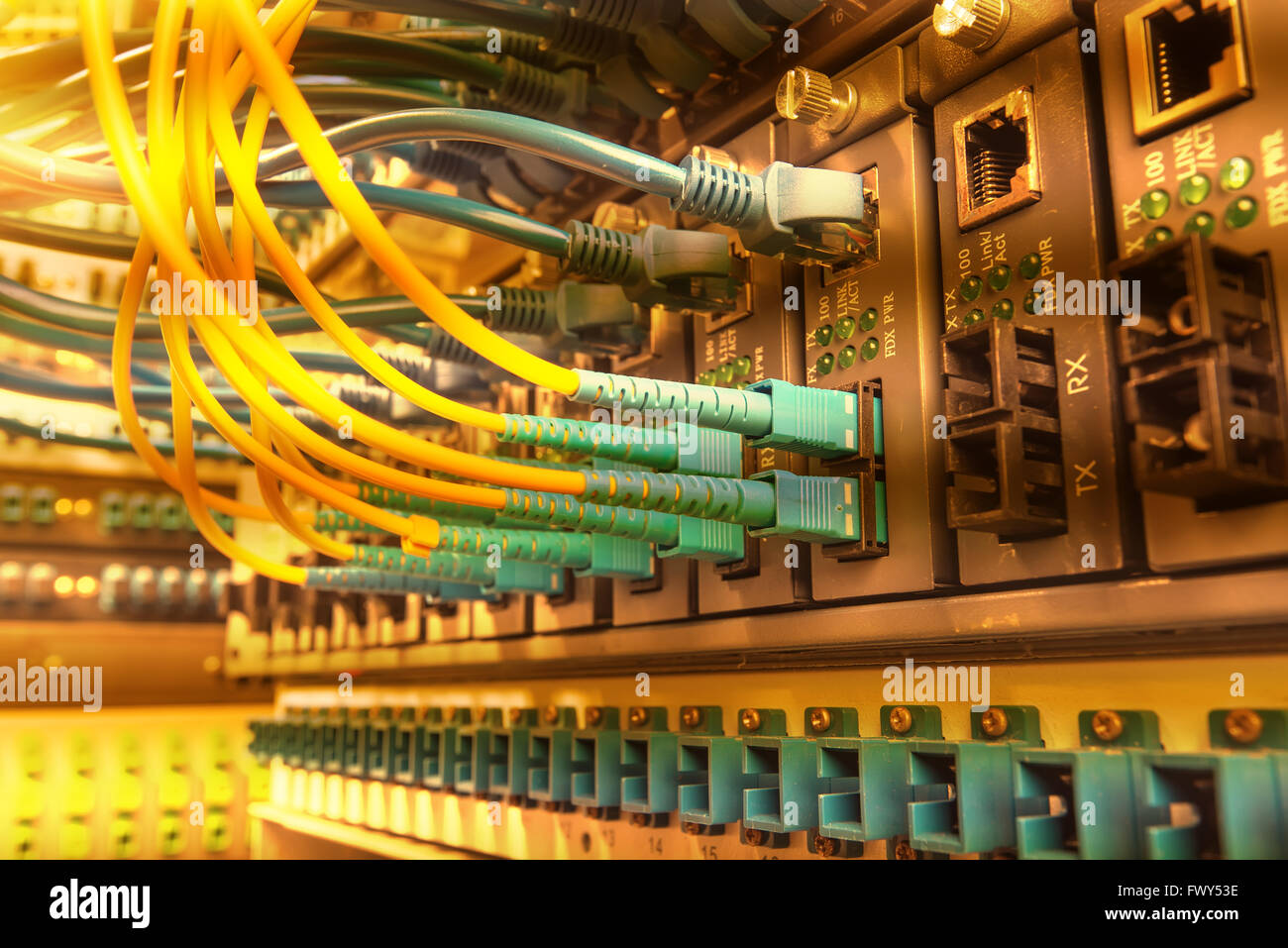 Fiber Optic cables connected to an optic ports and Network cables ...