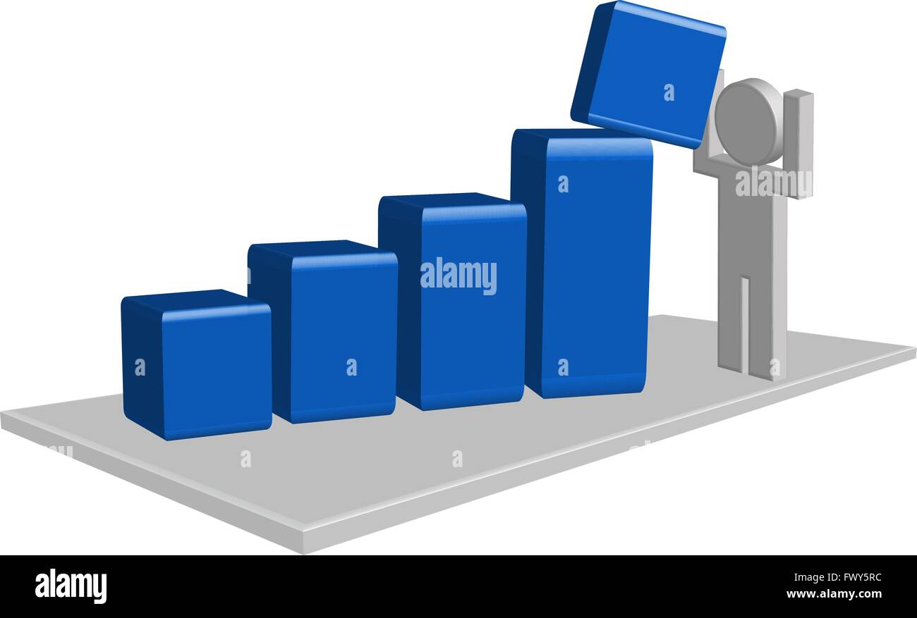 3d blue graph is showing growth. On the last cuboid is standing a one ...