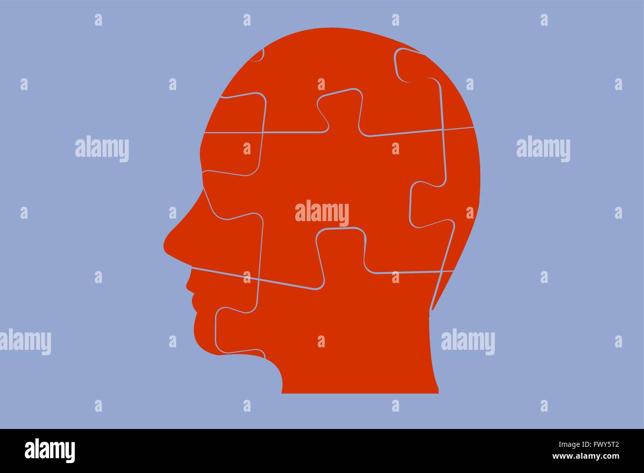 Side view of man`s head of red puzzle parts on the blue background ...