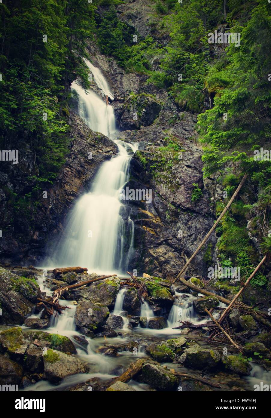 Very high amazing waterfall in a wooded mountainous landscape Stock ...