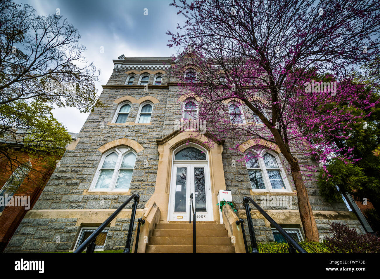 Old stone building and trees in Hampden, Baltimore, Maryland Stock ...