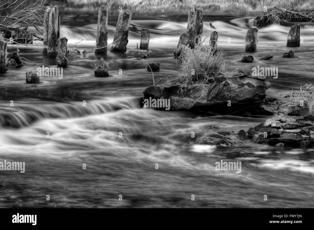 Nice wilderness weir on the river, black and white Stock Photo - Alamy