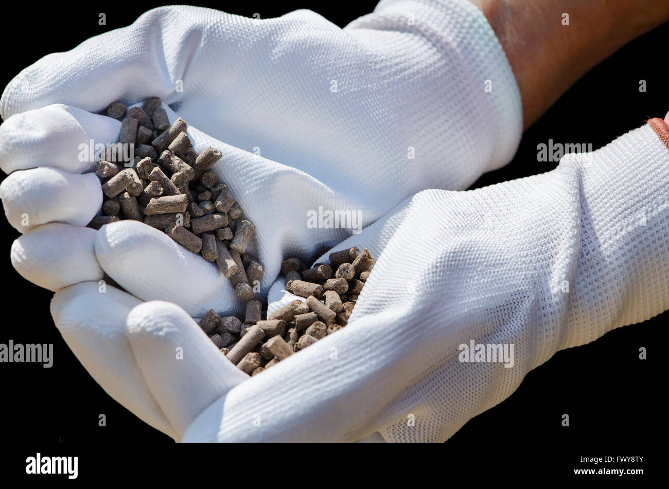 Brown manure granules in white gloves on farmer's hands Stock Photo - Alamy