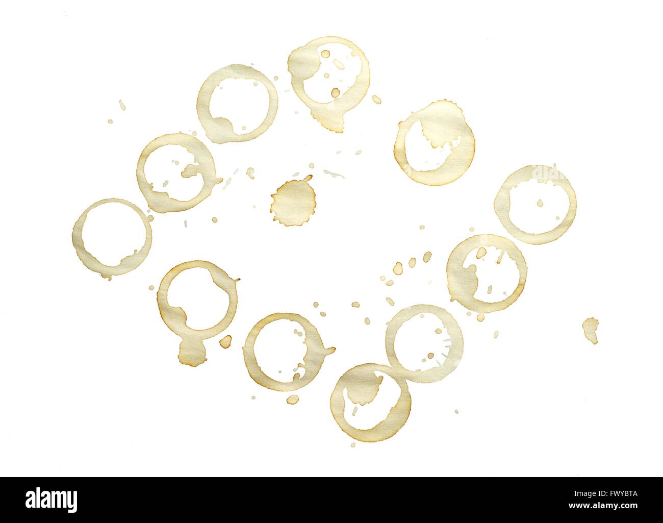 Lot of circle shape coffee stains on white background Stock Photo - Alamy