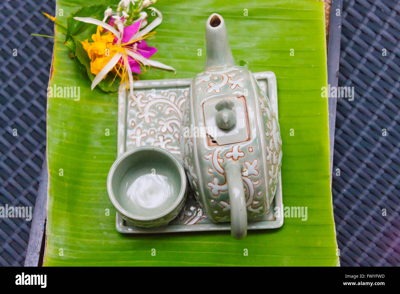 Tray of teapot and tea cup, Maldives Stock Photo - Alamy