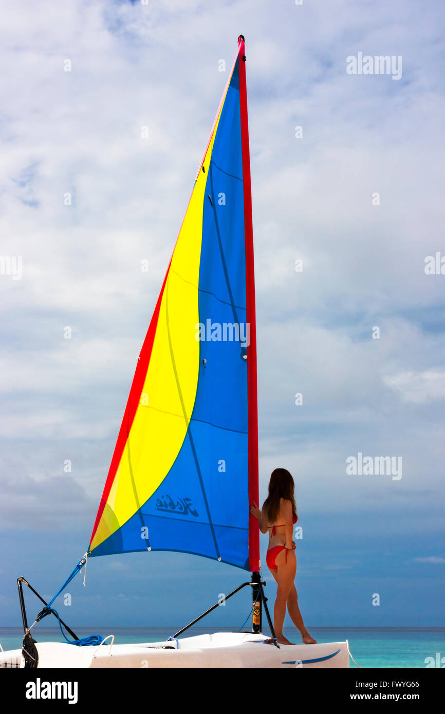 Girl In Bikini On A Sail Boat Maldives Stock Photo Alamy