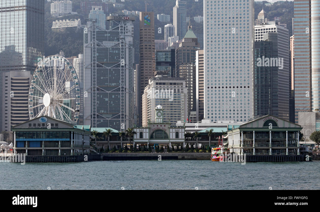 Skyline with Central Pier and Hong Kong Observation Wheel, District ...