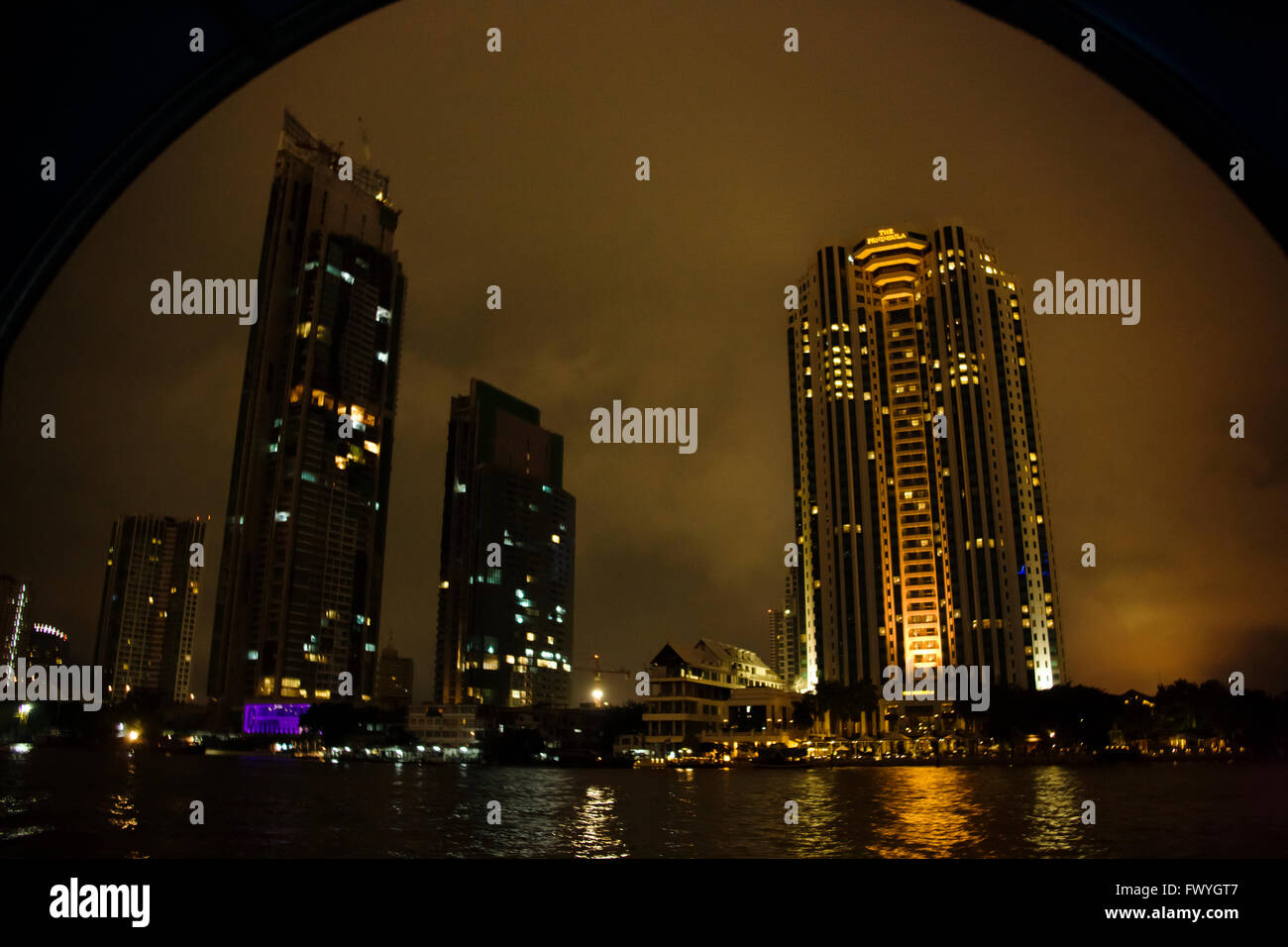 Night view of high rises on Chao Praya River, Bangkok, Thailand Stock ...