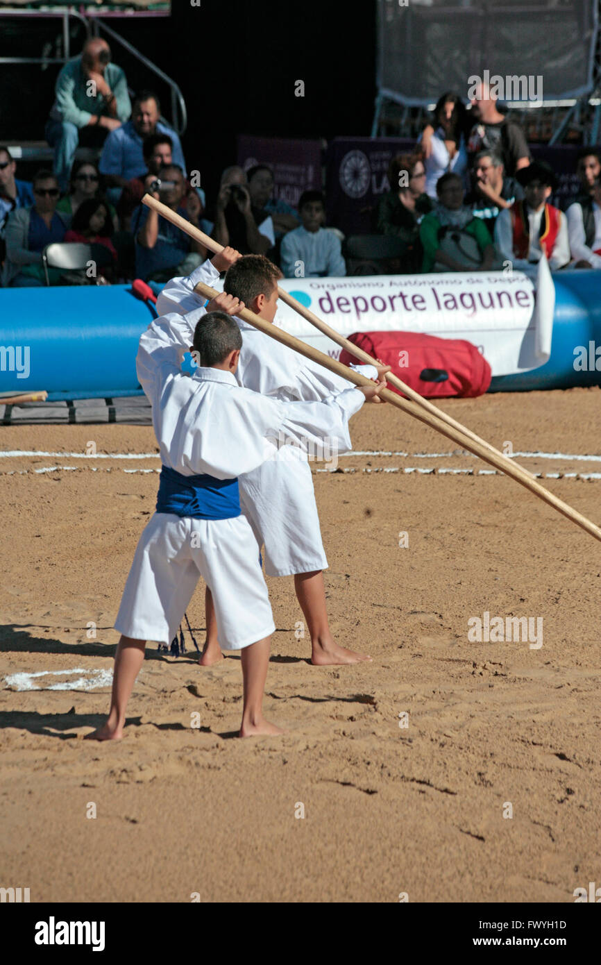 Teens playing the canarian stick wrestling in a public exhibition in ...