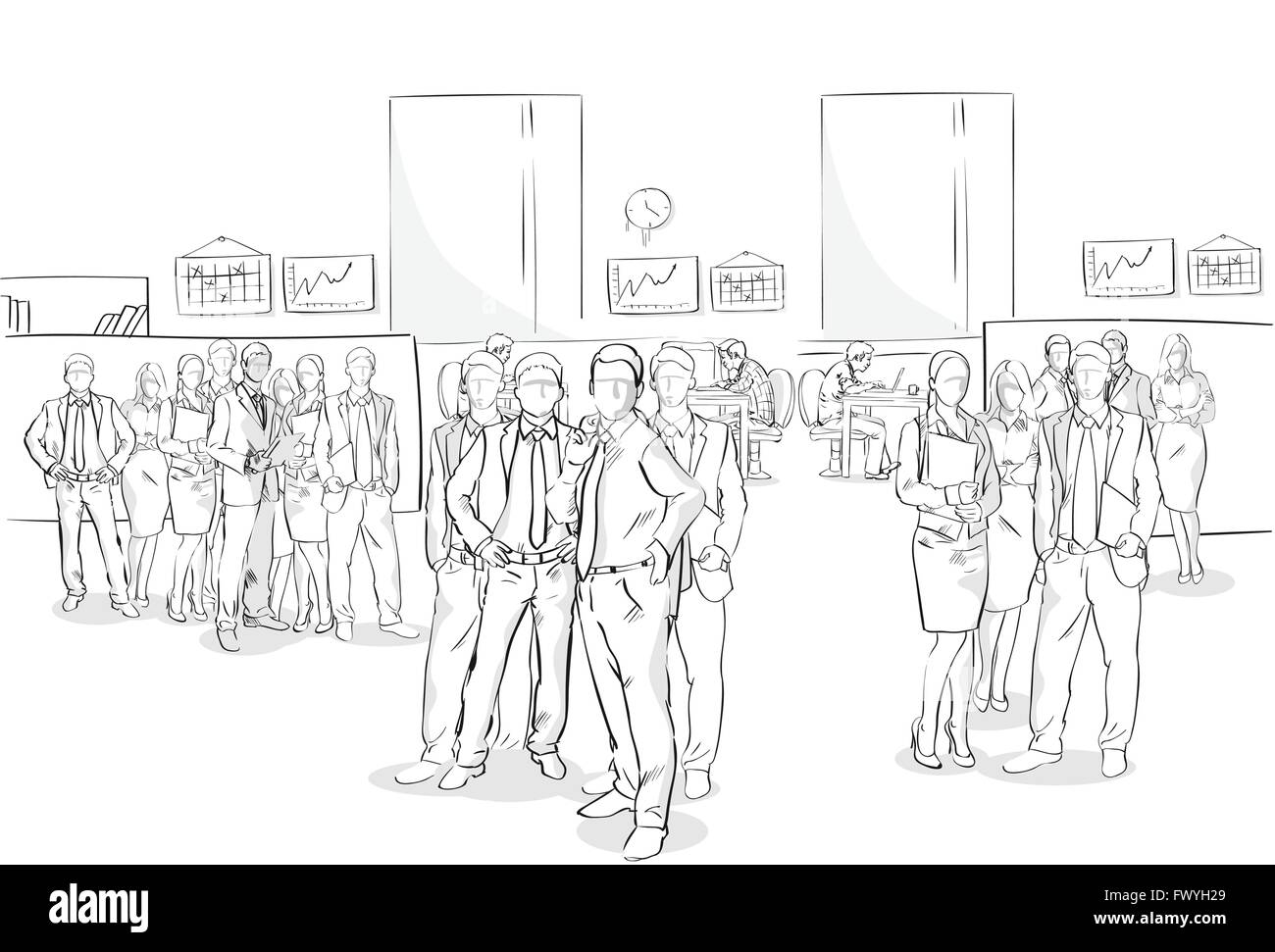 Sketch Businesspeople Crowd Office Interior Business Team Hand Drawn ...