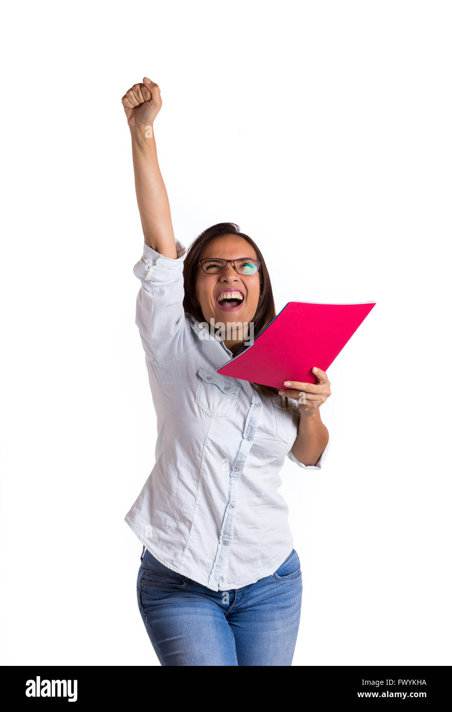 beautiful student celebrating holding her qualifications on a white ...