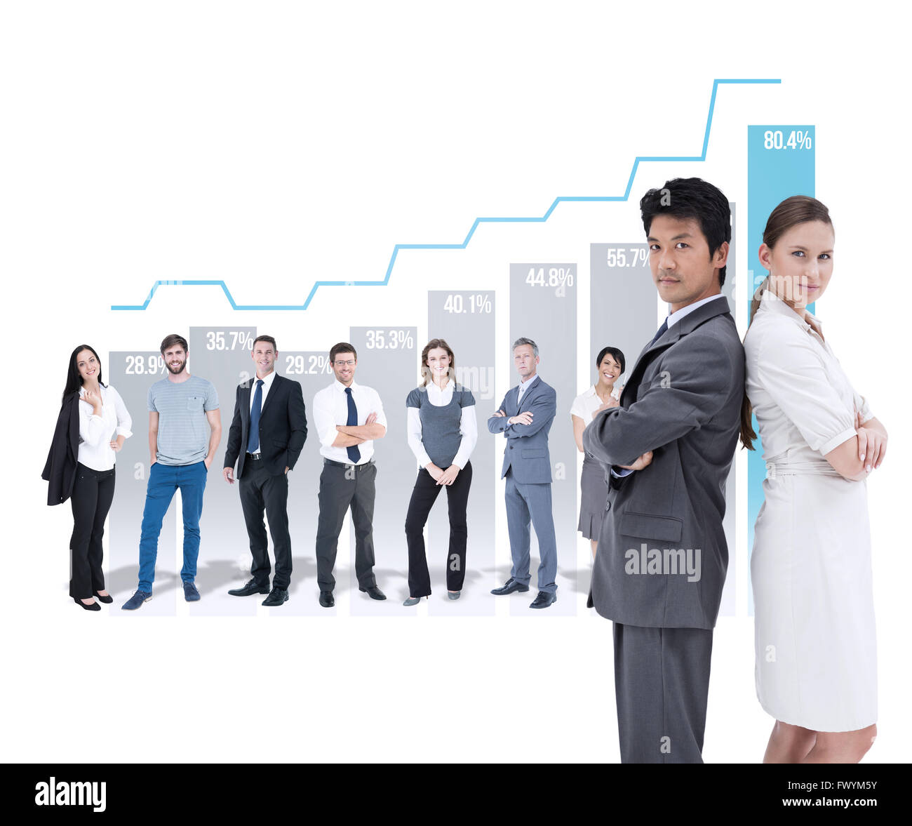 Composite image of portrait of business people standing back-to-back ...