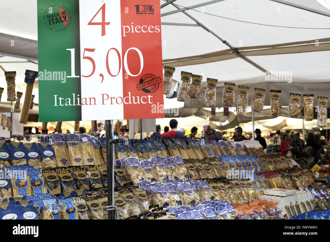 A stand of Italian Pasta at outdoor market at Campo dei Fiori in Rome ...