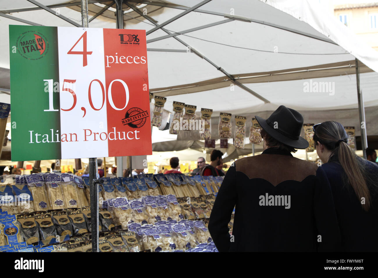 A stand of Italian Pasta at outdoor market at Campo dei Fiori in Rome ...
