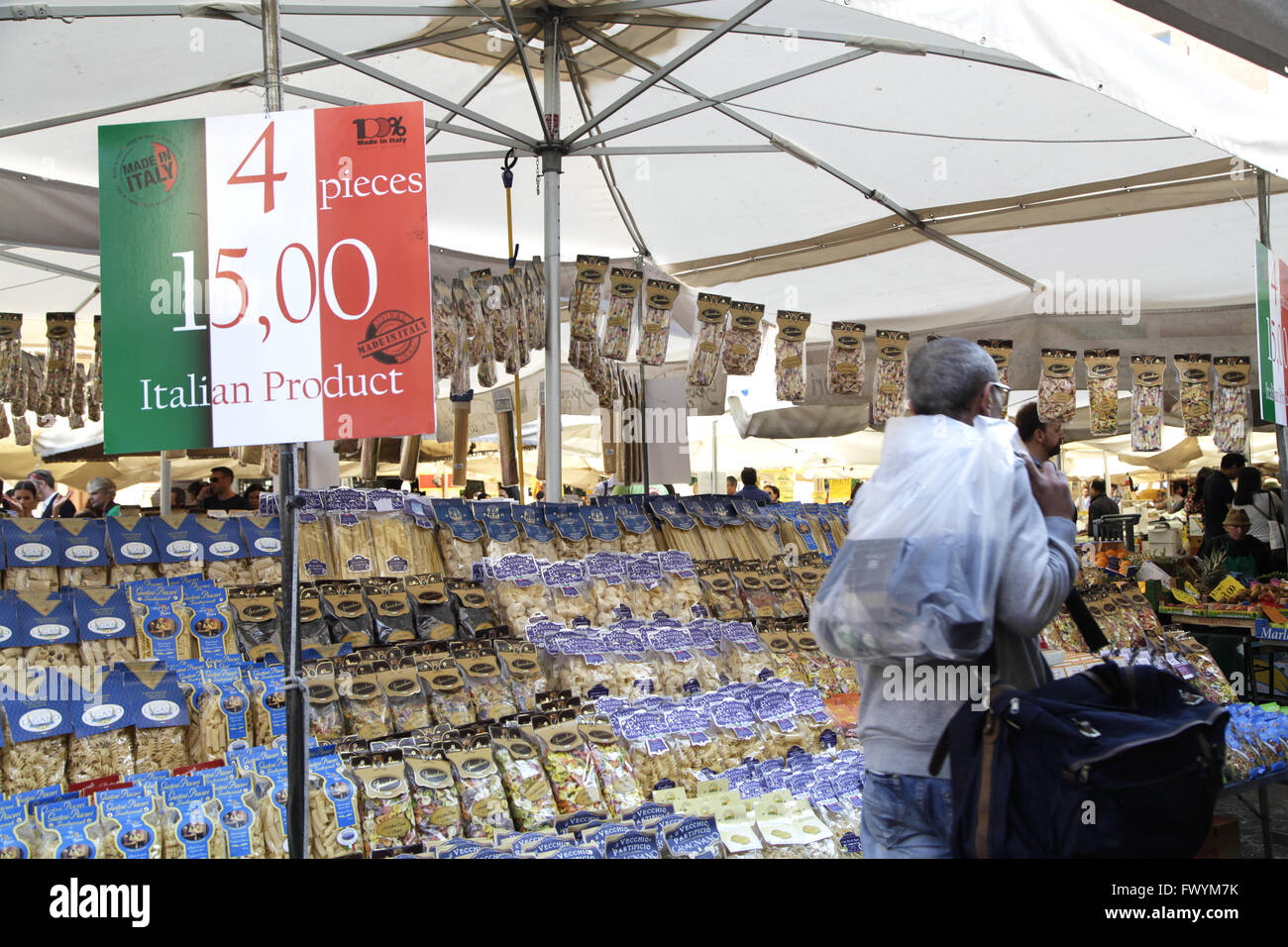 A stand of Italian Pasta at outdoor market at Campo dei Fiori in Rome ...