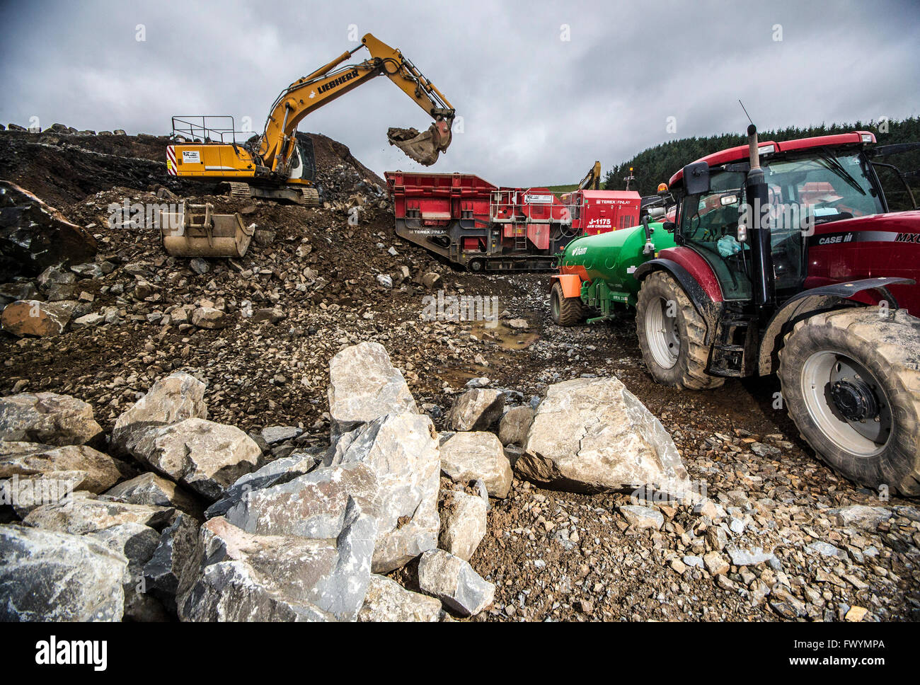 Diggers working in Quarry for Borders railway Construction, Scotland ...