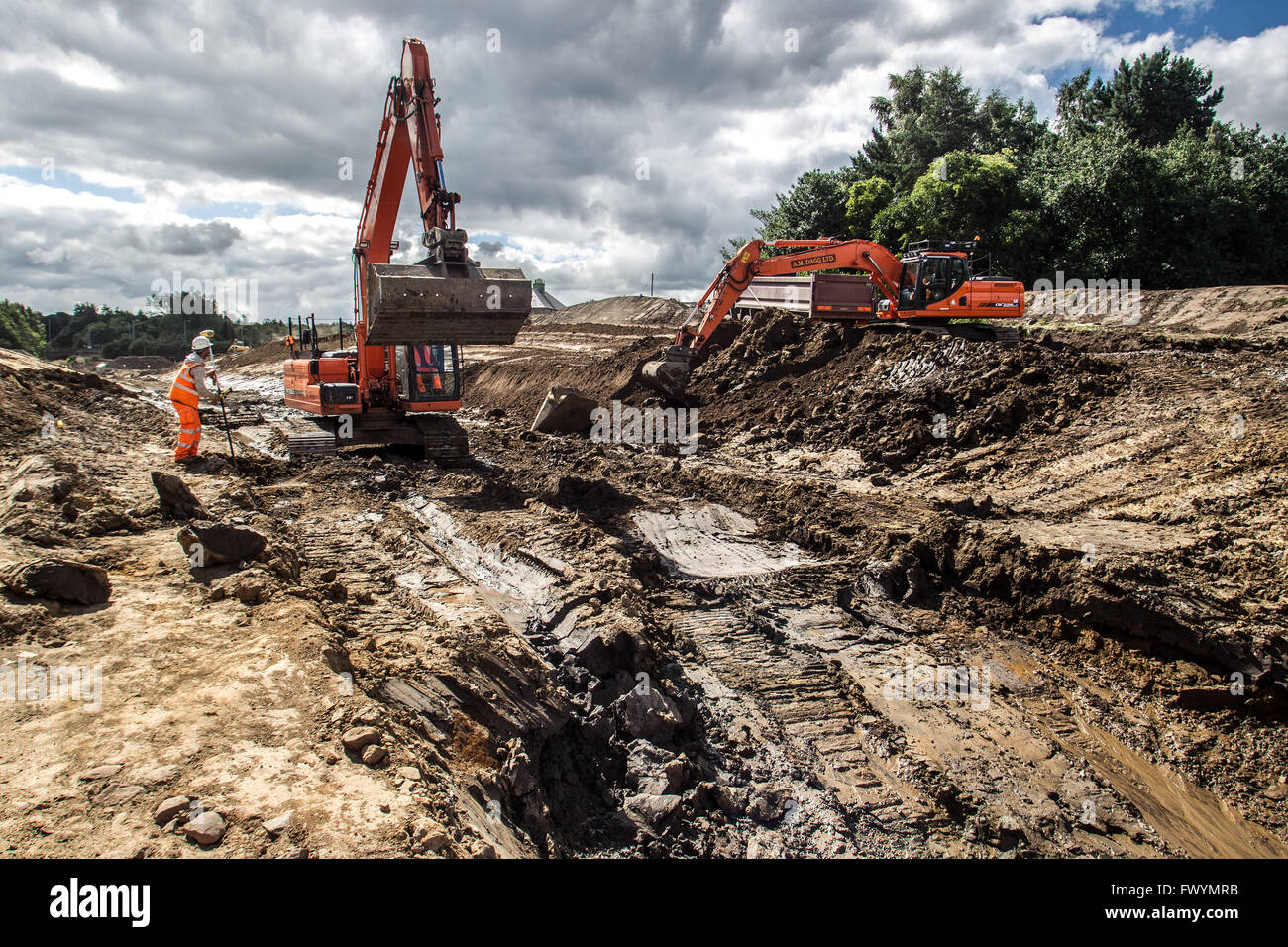Diggers working in Quarry for Borders railway Construction, Scotland ...
